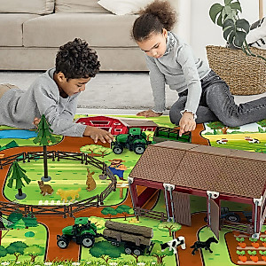 Peagprav Farm Playset Mini Barn Farm Toys 119PCS Plastic Animals Figurines and Fence with Map Figures Farmer Vehicle Truck with Forestry Trailer for 3-12 Years Old Kids Boys Girls Toddlers