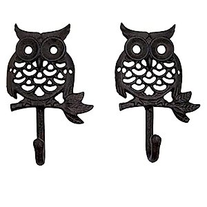 YANGMEI Vintage Cast Iron Wall Hooks (Antique Brown, Set of 2) - Rustic, Farmhouse Wall Hooks, Decorative Owl Key Hat Hook, Wall Mounted Heavy Duty Hooks for Keys, Towel, Bags, Hat, Coat