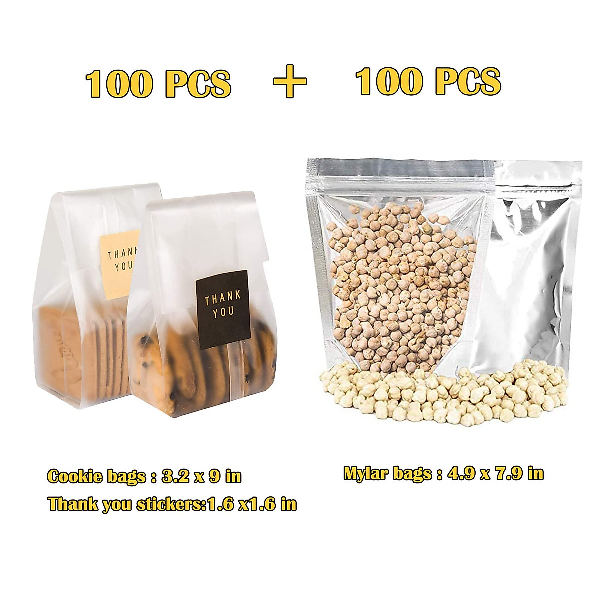 LOKQING 100 PCS Resealable Mylar Bags 4.9x7.9 Inches and 100 Pcs Translucent Plastic Cookie Bags with Stickers