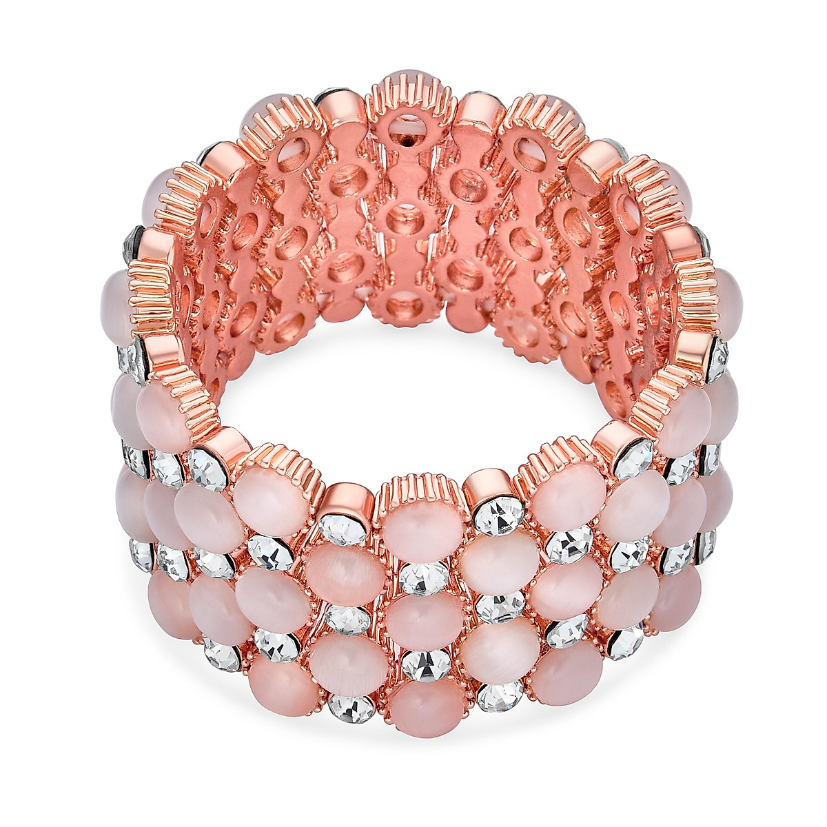 Bling Jewelry Holiday Fashion Wide Cuff Pink Rose Gold Plated Pink Cats Eye Crystal Statement Stretch Bracelet For Women Teen Prom