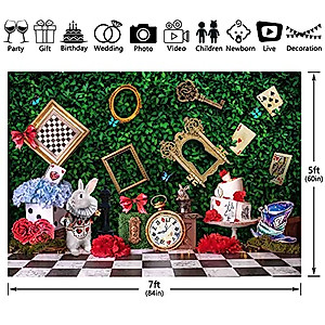 Yriujul 7x5ft Fabric Wonderland Enchanted Tea Party Photography Backdrop Kids Fairy Tale Green Grass Birthday Background Checkerboard Rabbit Photo Tapestry Props