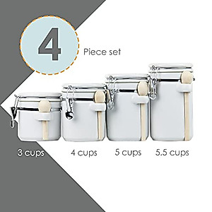 Canister Sets For The Kitchen (4 Piece Set) White, High Gloss Ceramic | By Home Basics | Decorative Kitchen Set | With Wooden Spoons, Countertop Set For Flour, Sugar, Coffee, and Snacks