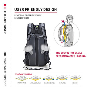 Bseash 50L Water Resistant Hiking Backpack, Lightweight Outdoor Sport Daypack Travel Bag for Camping Climbing Touring (Black - No Shoe Compartment)