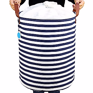 Casaphoria Drawstring Laundry Basket Freestanding with Lid,Lightweight Collapsible Waterproof Canvas Storage Bag with Handle for Livingroom Organizer,Dirty Clothes Hamper for Bedroom,48L Navy Stripe