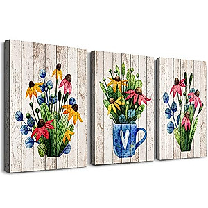 Vintage Wood grain plant flowers wall art for kitchen Wall Decorations for Living Room Bathroom Decorations room Wall decor 3 Pieces Framed Canvas print Artwork modern Office Home Decor paintinge