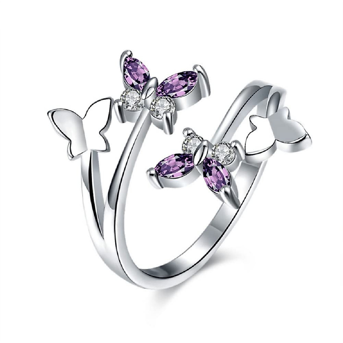 LRGKMCWTOB Women's 925 Sterling Silver Jewelry Shiny Butterfly Opening Adjustable Purple Zirconia Rose Gold Plated Rings Birthstone CZ Butterfly Shape Purple Austrian Crystals Rings (Silver)