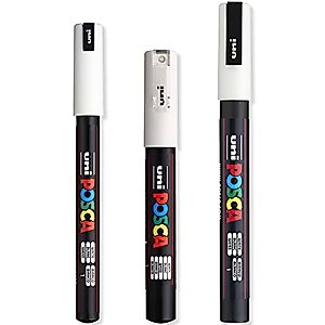 Posca - Ultra Fine to Fine Paint Marker Pens Set - PC-1MR, PC-1M, PC-3M - White Ink - Pack of 3