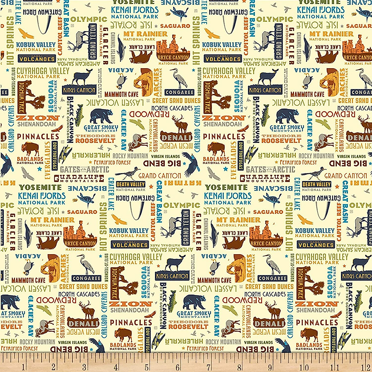 Riley Blake National Parks Word, Text and Icon Print Cream, Quilting, Apparel and Home Decor Fabric (1 Yard) 36" x 43"
