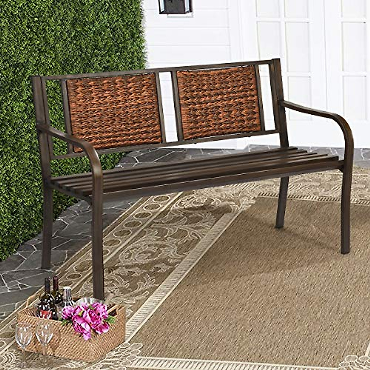 Giantex Patio Garden Bench Heavy-Duty Ergonomic Loveseat W/Powder Coated Steel Frame,Decorative Rattan Backrest & Curved Armrest for Outdoor Garden, Backyard, Lawn, Porch, Path Park Bench
