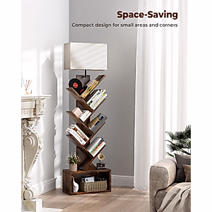 Evermagin 6 Tier Tree Bookshelf with Light, Small Bookcase Tower for Books/CDs/Movies, Tall Floor Standing Book Organizer with Storage Cabinet for Living Room, Bedroom & Home Office, Rustic Brown