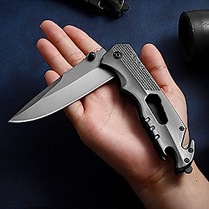 Link Knife Pocket Knife 5-in-1 Large Blade Cutting, Bottle Opener & No. 4 Wrench,Seatbelt Cutter, Glass Breaker for Emergencies, with Liner-Lock, Clip,Multifunctional Folding Knife, Gray