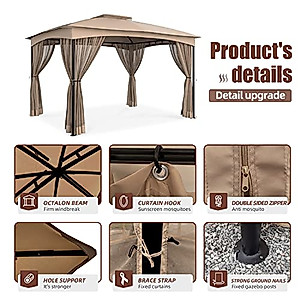 DikaSun Gazebo 10x12 Steel Frame Double Vent Waterproof Roofs Outdoor Gazebo with Netting Canopy Gazebos Patio Gazebo for Garden, Backyard, Deck, and Lawns (Beige)