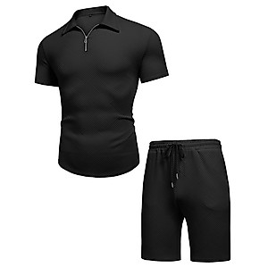 URRU Men's Polo Shirt and Shorts Set Summer Outfits Fashion Casual Short Sleeve Polo Suit for Men 2 Piece Short Set Black XL