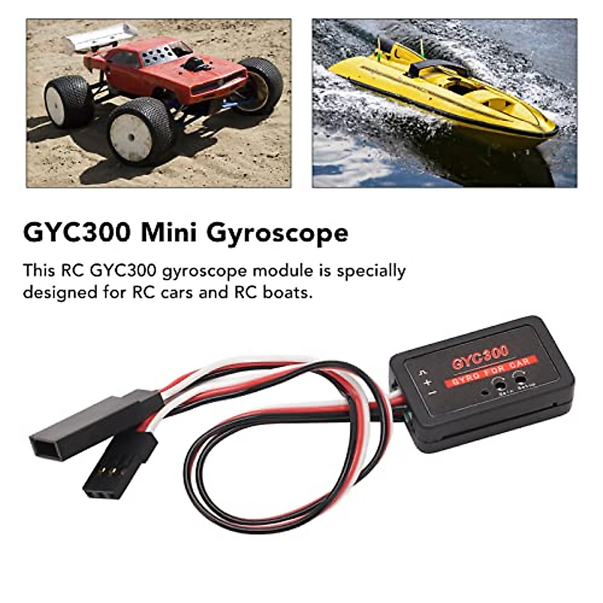 Kuuleyn Mini RC Gyroscope Set, RC Gyro Stabilizer, Cooling Min Gyroscope, GYC300 Mini Gyroscope for RC Car Boat Black Plastic One Pass Gain Sensitivity Adjustment RC Car Gyroscope Module