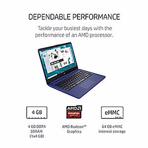 HP 14 Laptop, AMD 3020e, 4 GB RAM, 64 GB eMMC Storage, 14-inch HD Display, Windows 10 Home in S Mode, Long Battery Life, Microsoft 365, (14-fq0010nr, 2020)