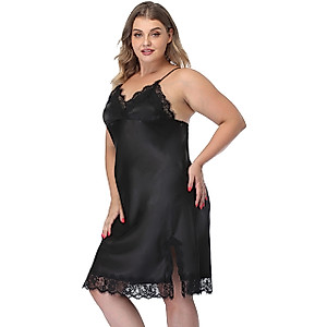 Womens Plus Size Sexy Lingerie Satin Lace Chemise Spaghetti Straps Nightgown Full Slips V Neck Sleepwear Nightgown