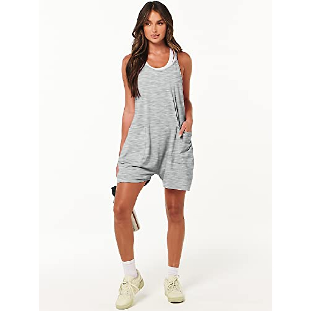 ANRABESS Rompers for Women Summer Jumpsuits Casual Outfits Shorts Overalls 2023 Fashion Stretchy Comfy Clothes Sleeveless Cute Jumpers with Pockets A948-qianhuahui-S