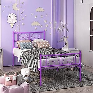 GIME Purple Metal Platform Bed Frame Twin Bed Frames with headboard for Ki‘ds