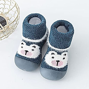 Infant Boys Girls Animal Cartoon Socks Shoes Toddler Fleece WarmThe Floor Socks Non Slip Prewalker Toddler Slippers (Navy, 18-24 Months)