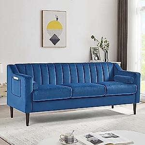 KNAMOTL Mid Century 3 Seats Velvet Chesterfield Sofa Couch with Storage Side Pocket, Upholstered Tufted Comfortable Sofa with Armrest for Bedroom Apartment Home Office, Space-Saving (Blue)