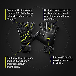 Storelli Gladiator Elite 3.0 Goalkeeper Gloves, Breathable High-Impact Hand Protection with 5 Removable Finger Spines, Premium Hand Grip for Soccer Goalies, 1 Pair, Black & Yellow, Size 9