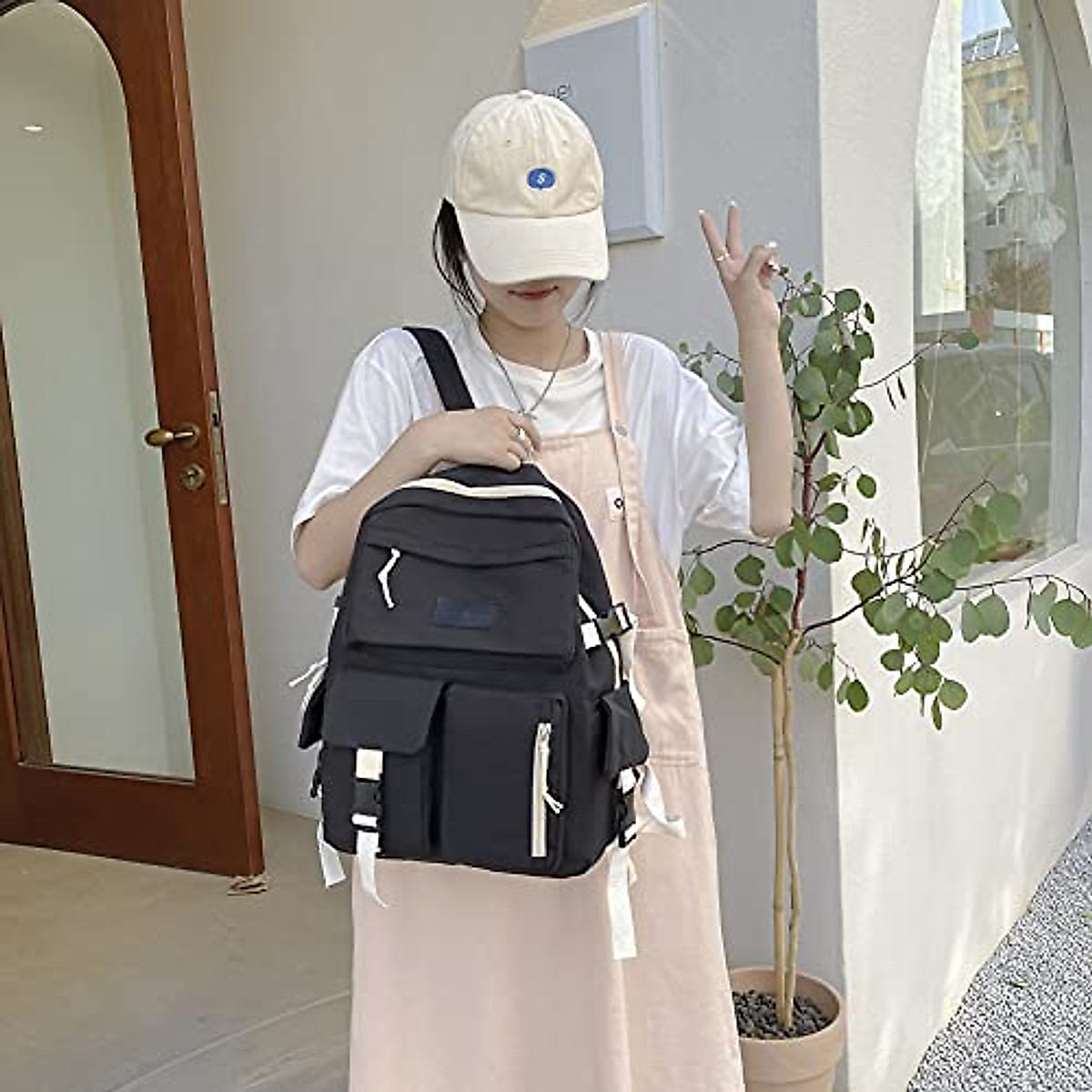 sikiwind Women Fashion Travel Canvas Contrast Color Backpack Large Rucksack (Black)