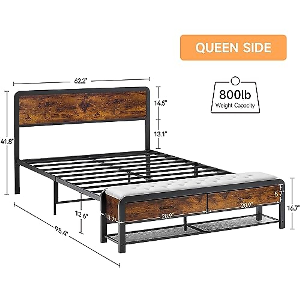 GAOMON Queen Bed Frame with Headboard and 2 Drawers, Metal Platform Bed Frame Queen Size with Storage Drawer, No Box Spring Needed, Noise Free, Rustic Brown