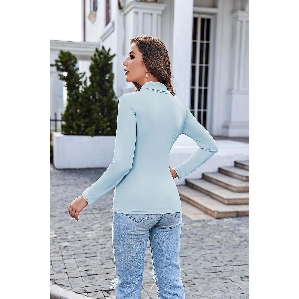 Ekouaer Women's Turtleneck Long Sleeve Shirts Lightweight Base Layer Solid Slim Fit Tops Light Blue M