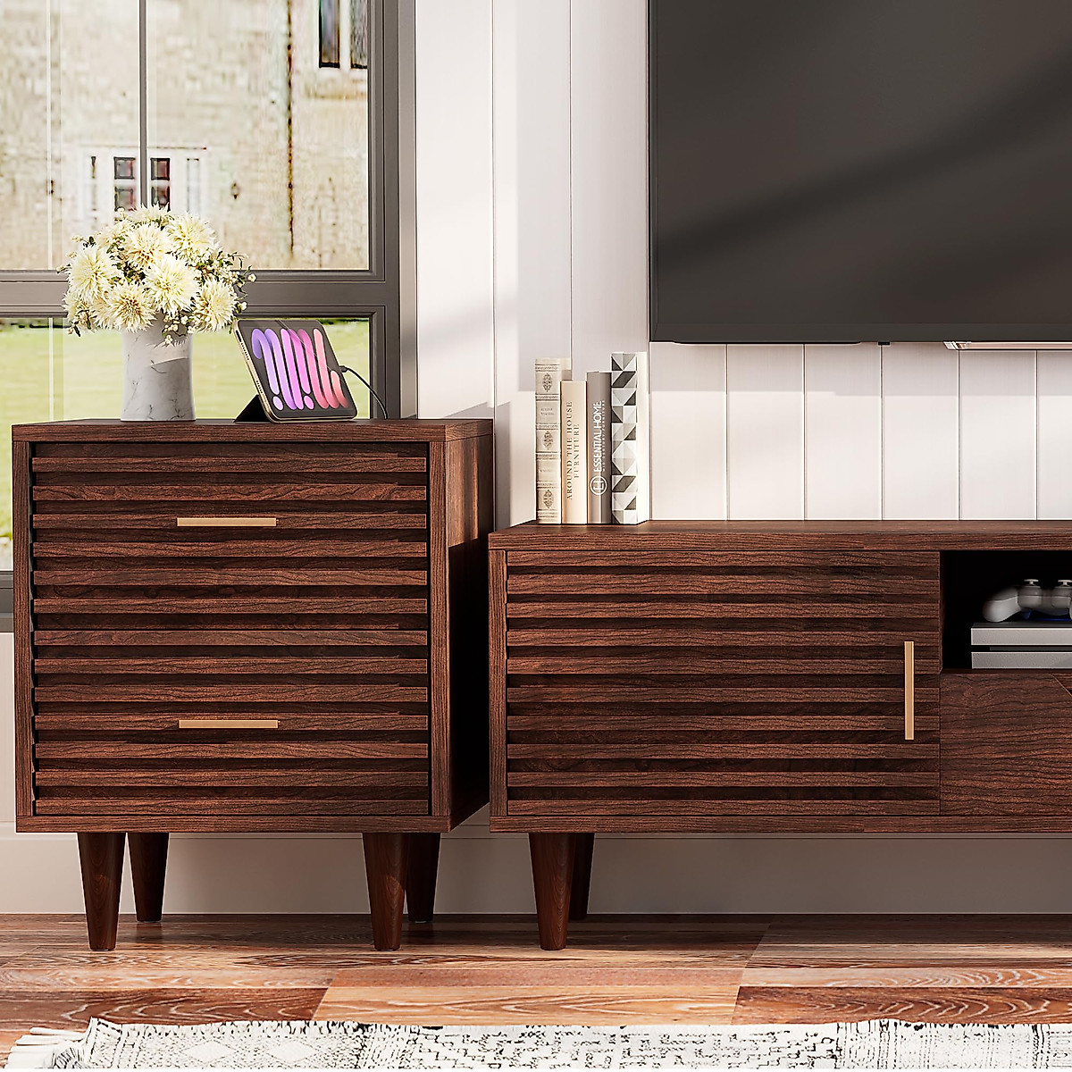 Night Stand with Charging Station Set of 2, Side Table with 2 Drawers, Mid Century Modern End Table with Storage, Bedside Table with USB Ports and Outlets, Nightstand for Bedroom, Brown 2PCS