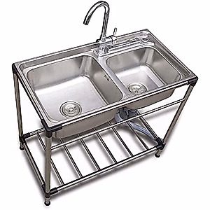 Outdoor Mobile Sink Kitchen Sink, Outdoor Sink Single Bowl Double Bowl Square Sink with Strainer Hot and Cold Water Faucet R-type Rounded Corners Suitable for Garage, Restaurant, Kitchen