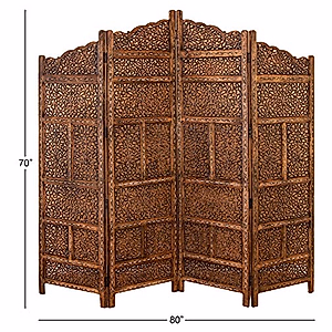 Deco 79 Wood Floral Handmade Hinged Foldable Arched Partition 4 Panel Room Divider Screen with Intricately Carved Designs, 80" x 1" x 72", Brown