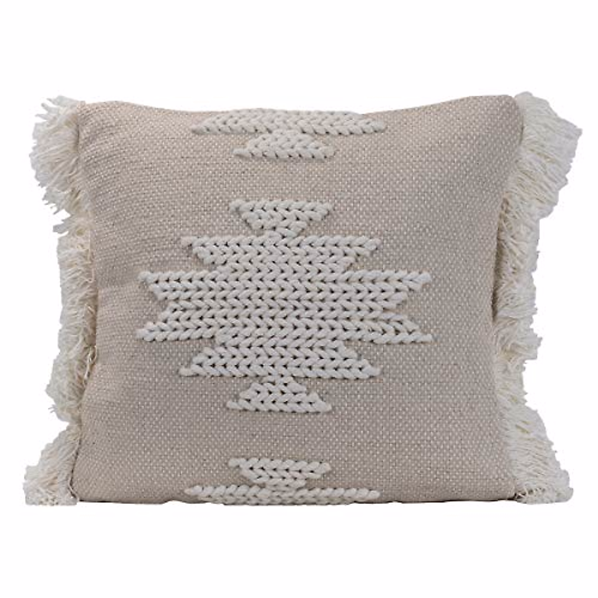 Foreside Home & Garden White Braided Geometric Pattern Handwoven 18x18 Decorative Cotton Throw Pillow with Hand Tied Fringe