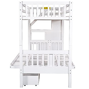 Merax Stairway Twin Over Full Bunk Bed with Staircase and Two Storage Drawers, Storage Bunk Bed with Convertible Down Bed can be Converted into Daybed, White
