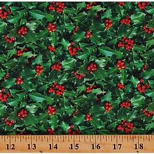 Cotton Winter Holly Leaves Hollies Evergreens Festive Christmas Landscape Medley Green Cotton Fabric Print by The Yard (D402.54) Y