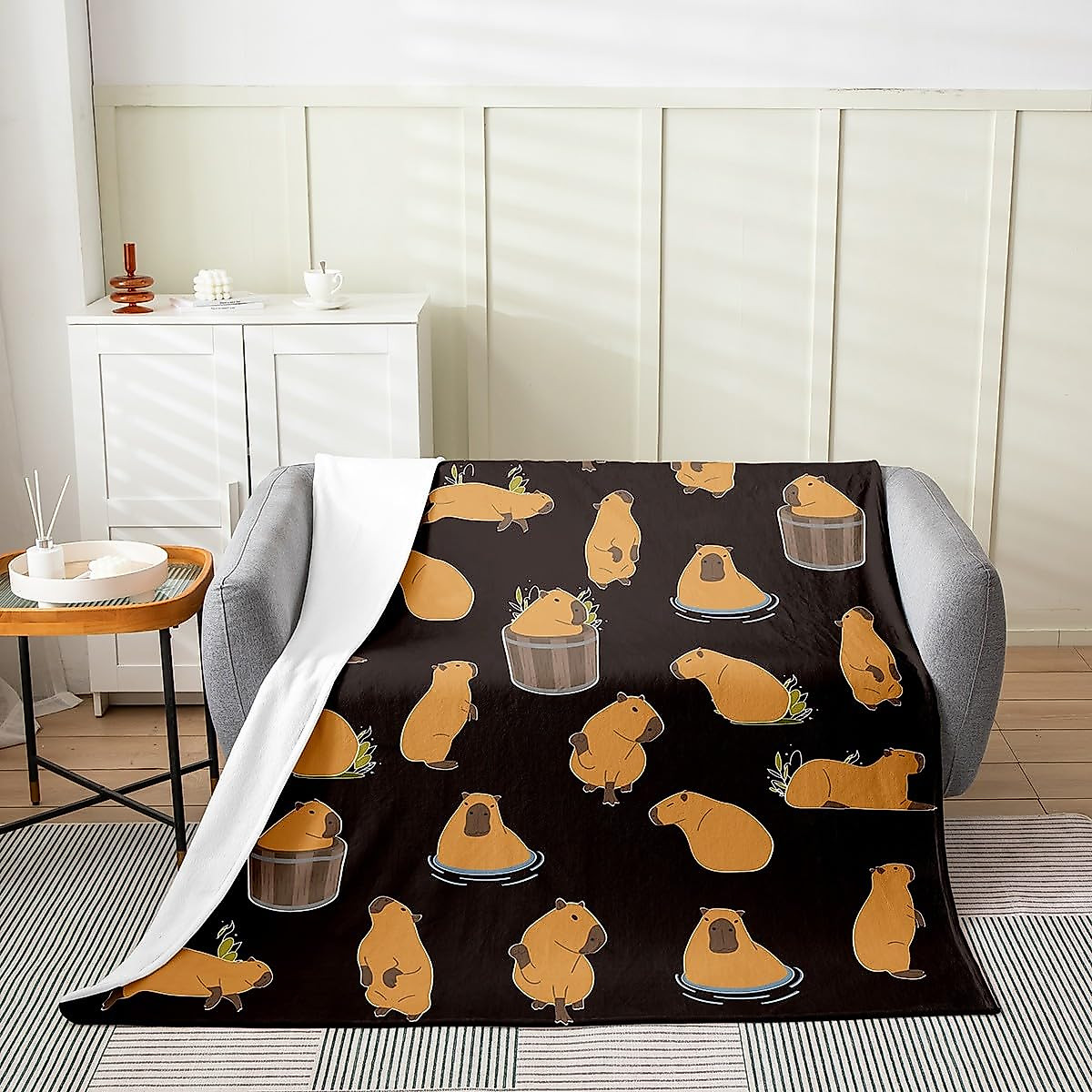 jejeloiu Capybara Flannel Fleece Throw Blanket for Sofa Couch Girls Boys Kids - 40"x50" Animals Lovers All Season Bed Blanket - Cutes Fuzzy Kawaii Black Plush