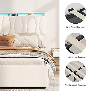 Queen Size Lift Up Storage Bed Frame with Adjustable Headboard, Charging Station, LED Lights, Wood Slats, Noise-Free, No Box Spring Needed, Beige
