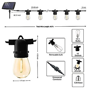 DAMAING Solar String Lights Outdoor 48Ft LED String Lights with 16 Shatterproof Bulbs,USB Rechargeable Patio Lights with 4 Lighting Modes,Heavy Duty Waterproof Solar Powered String Lights