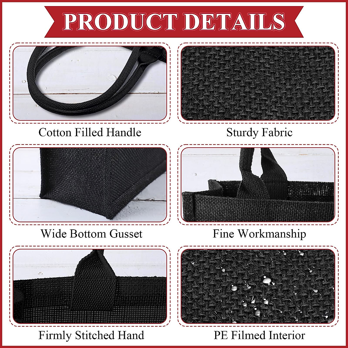 10 Packs Black Burlap Tote Bags Wedding Jute Tote Gift Bags Burlap Bags with Handles Large Blank Reusable Shopping Tote Kitchen Reusable Grocery Bags for Bridesmaid DIY Craft, 15.35 x 5.91 x 12.2 Inch