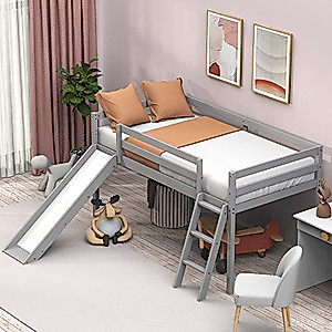 TOLEAD Loft Bed with Slide, Wood Twin Low Loft Bed with Climbing Ladder & Storage Space for Kids Toddler, Grey