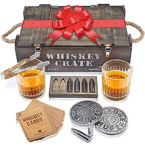Bullet Whiskey Stones Gift Set by Royal Reserve | Artisan Crafted Chilling Rocks Scotch Bourbon Glasses and Coasters – Gift for Ranger Police Hunter Guy Men Dad Boyfriend Anniversary or Retirement