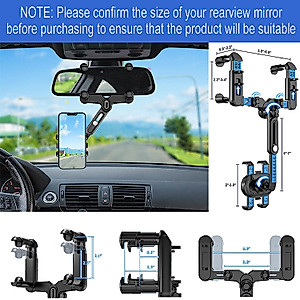 POWDAPTE Rear View Mirror Phone Holder, 360°Rotatable and Retractable Rearview Mirror Phone Holder for Car, Upgraded Four Corners Anti-Shake Multifunctional Design for All iPhone & Car Rearview Mirror