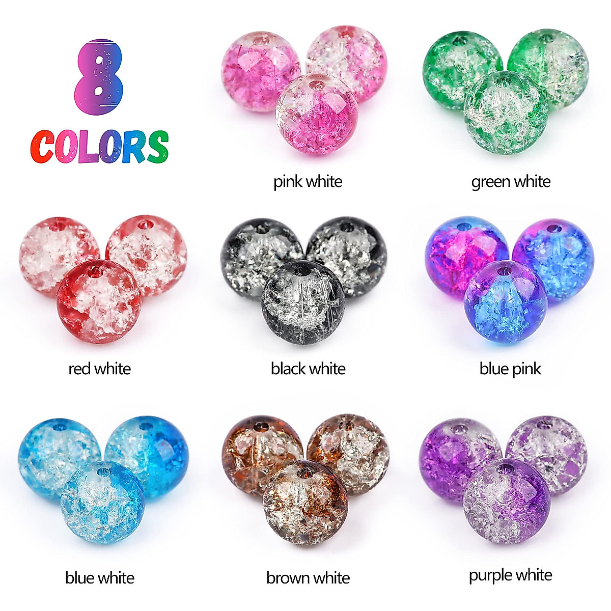 Suhome 1920pcs 8 Color Crackle Lampwork Glass Beads 4mm 6mm 8mm Handcrafted Round Spacer Loose Beads for Jewelry Making