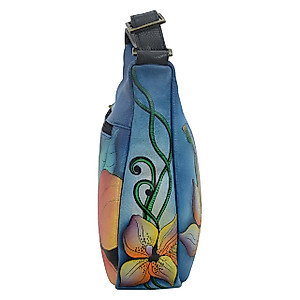 Anna by Anuschka Women's Genuine Leather Medium Hobo Shoulder Bag | Hand Painted Original Artwork | Midnight Floral