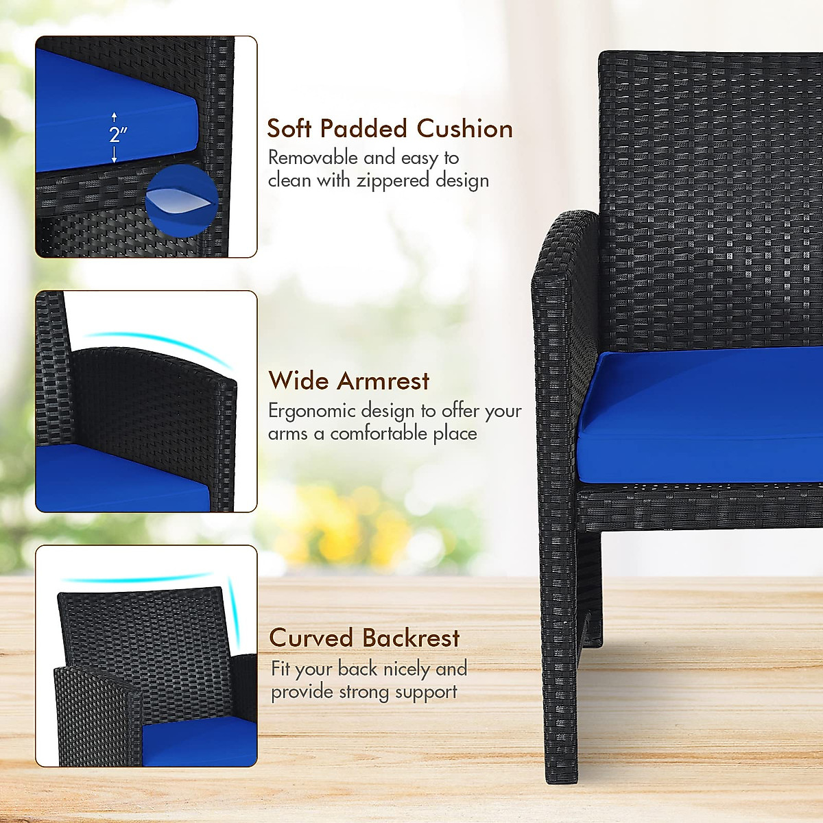 DORTALA 4 Pieces Patio Wicker Conversation Furniture Set, Outdoor Rattan Sofas with Bistro Sets with Coffee Table for Courtyard Balcony Wicker Chairs with Soft Cushion and Table, Navy