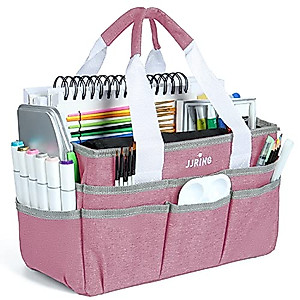 JJRING Craft Organizer Tote Bag, Art Storage Caddy with Multiple Pockets, Pink Sewing Bag for Art, Craft, Scrapbooking, School, Medical, and Office Supplies Storage