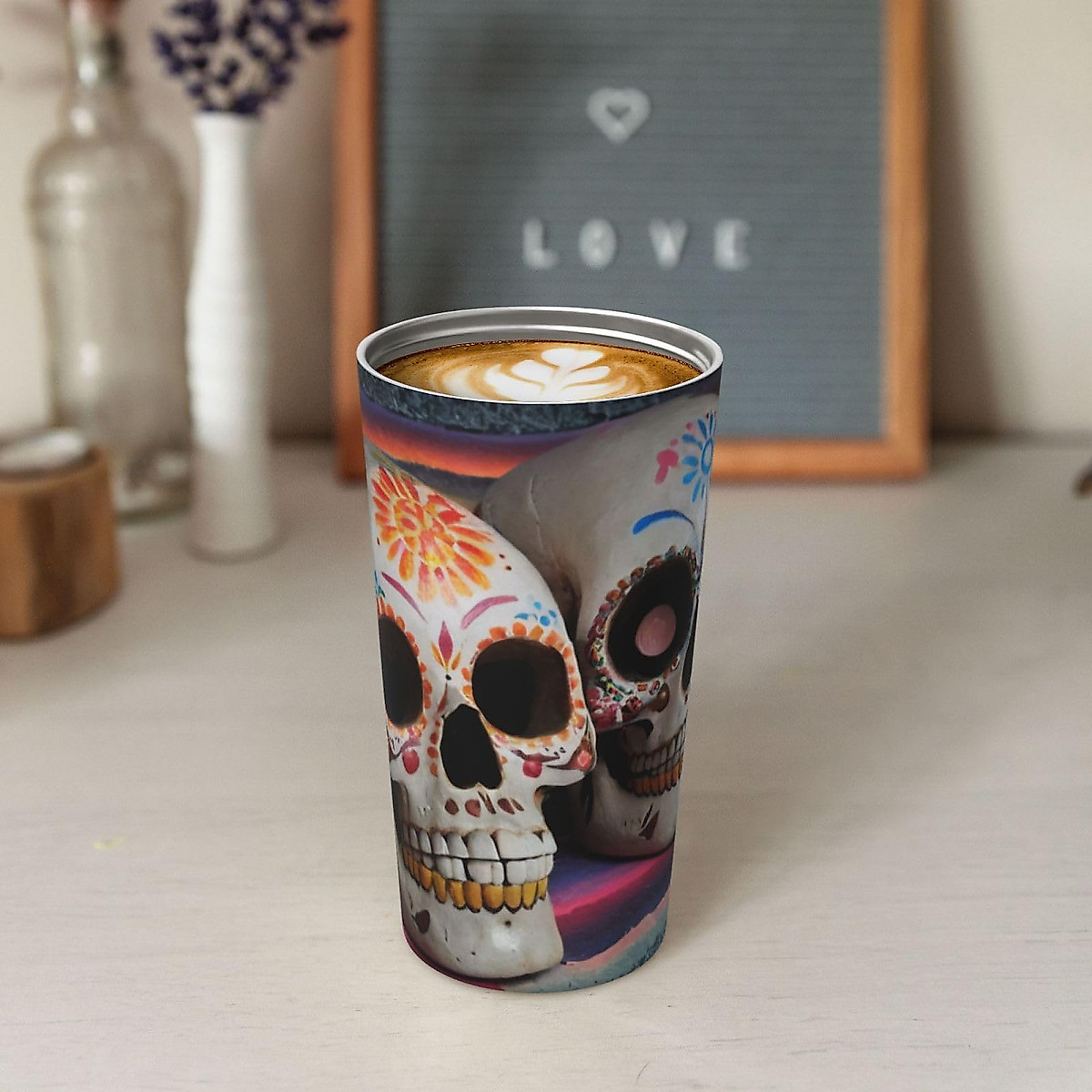Insulated Coffee Mug Skull. 17oz Double Wall Vacuum Stainless Steel Tumbler With Leak-Proof Lid And Handle, Cute Travel Thermos Mug For Cold Hot Drinks