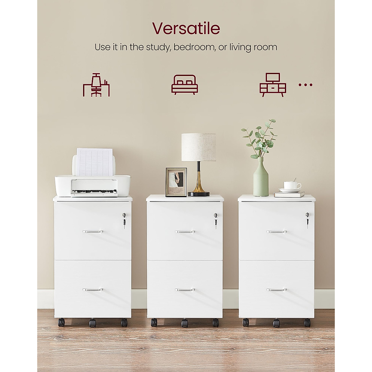 VASAGLE 2-Drawer File Cabinet, Locking Filing Cabinet for Home Office, Small Rolling File Cabinet, Printer Stand, for A4, Letter-Size, Assembly Required, Honey Brown and Ink Black ULCD027T46V2