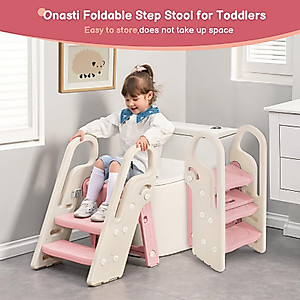 Onasti Foldable Toddler Step Stool for Bathroom Sink, Adjustable 3 Step Stool for Kids Toilet Potty Training Stool with Handles, Child Kitchen Counter Stool Helper, Plastic Ladder for Toddlers Pink