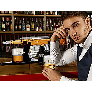 Whiskey Gun Decanter Set + 4 Whisky Bullet Glasses on Gun Shaped Rich Wood Classic Mahogany Base Tray with Bullet Chilling Stones Gift Packaging - for Liquor Scotch Bourbon - Christmas Holiday Gift