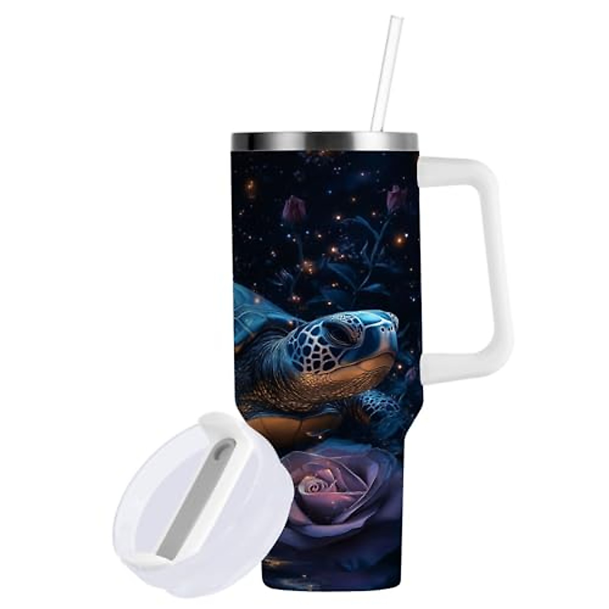 Slewiaeky Tumbler with Handle 40 oz Tortoise Turtle Skinny Travel Mug with Lid and Straw Ocean Stainless Steel Vacuum Insulated Water Bottle Cup for Iced Tea Coffee Cold Beverages Cup Holder Friendly